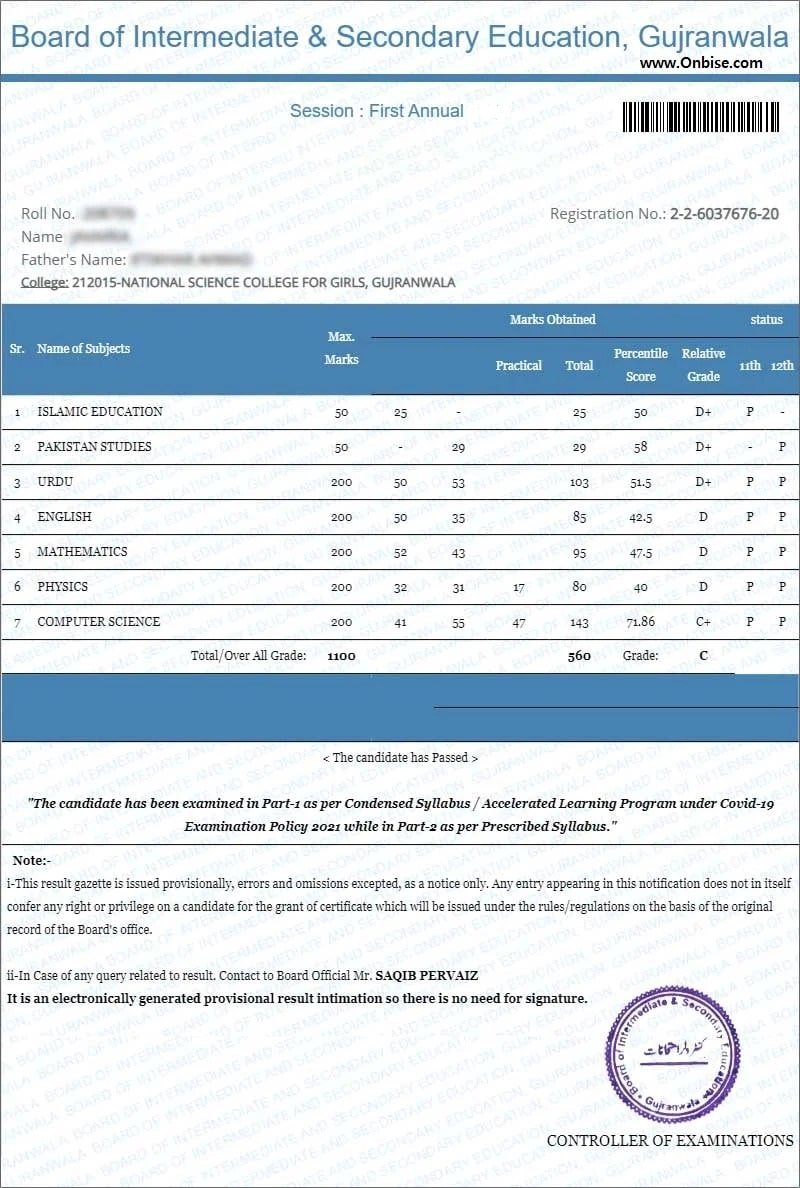 11th Class Result 2024 BISE Gujranwala Board - Onbise.com